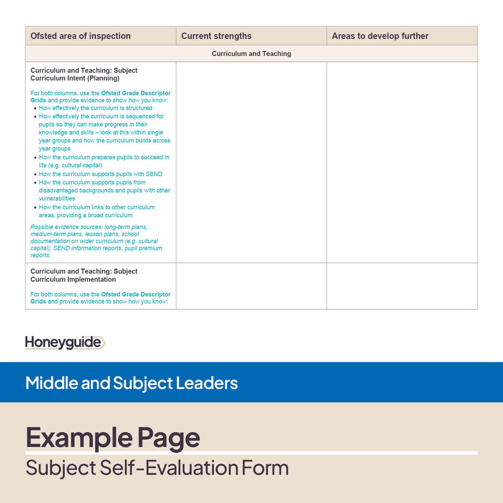 Subject Self-Evaluation Form Template | Ofsted Toolkit Aligned Subject SEF – Honeyguide School ...
