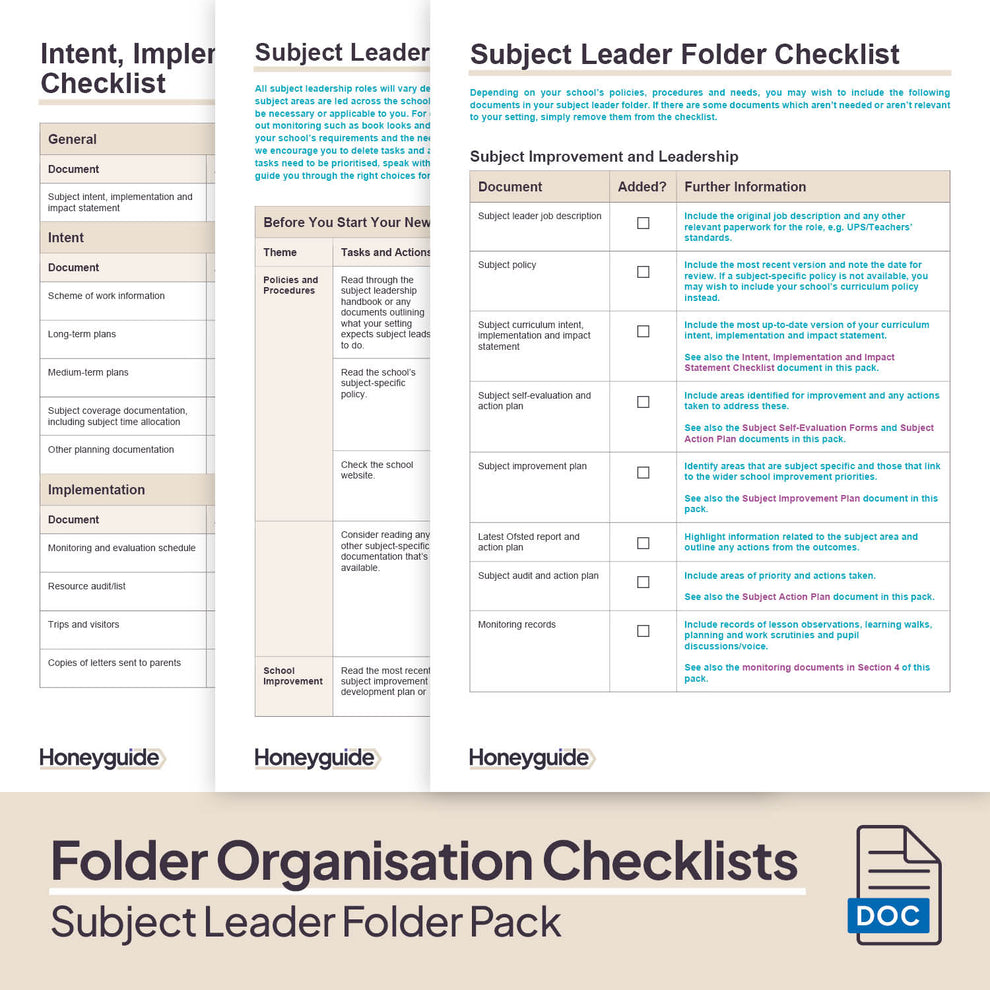 Subject Leader Folder Pack | Honeyguide School Leader Support