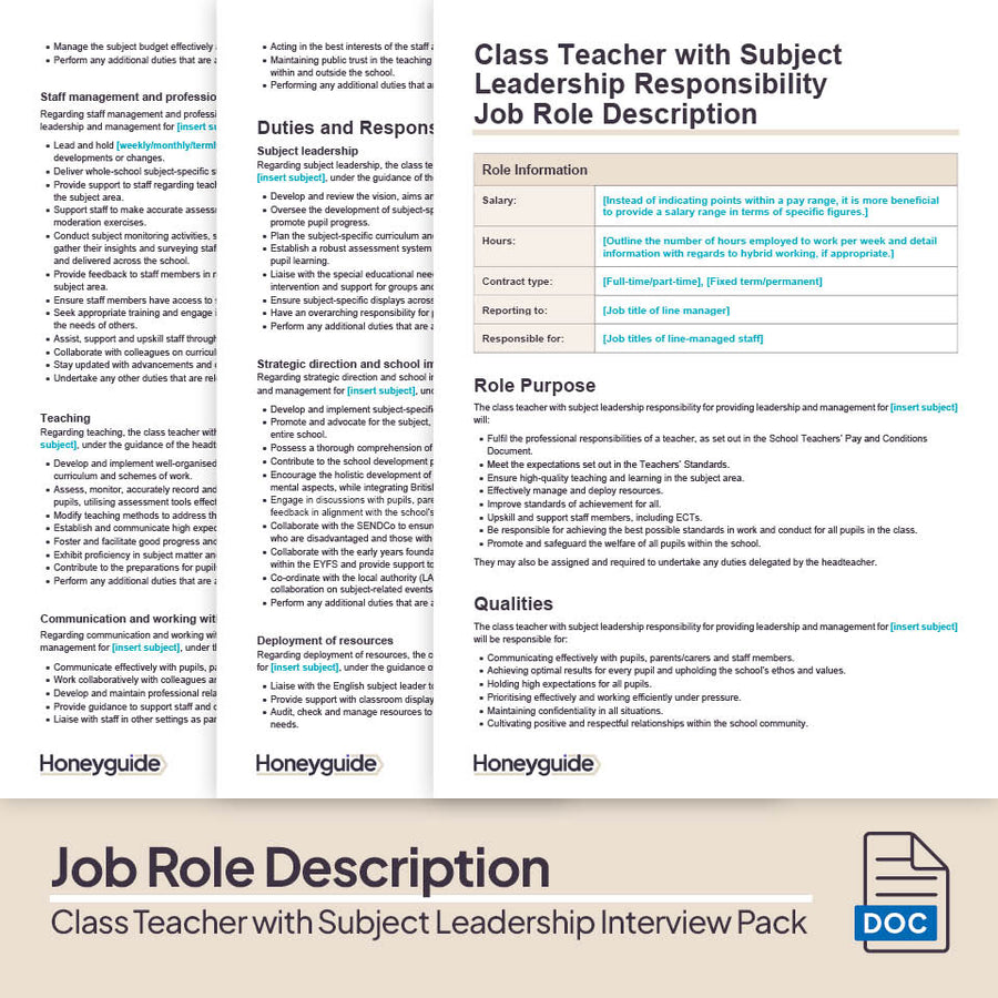 Class Teacher with Subject Leadership Interview Pack | Honeyguide SLS ...