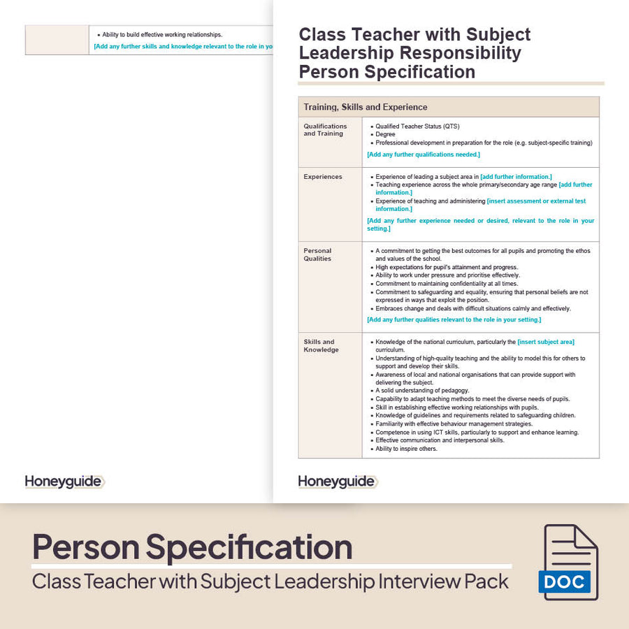 Class Teacher with Subject Leadership Interview Pack | Honeyguide SLS ...