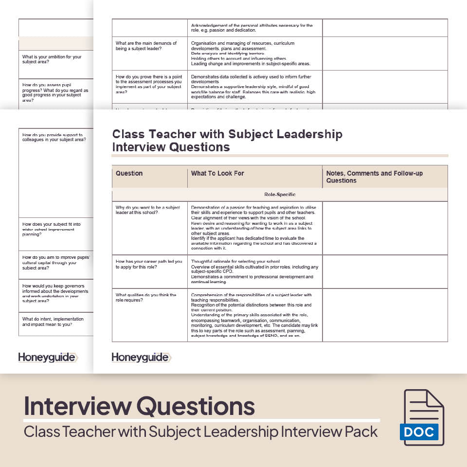 Class Teacher with Subject Leadership Interview Pack | Honeyguide SLS – Honeyguide School Leader ...